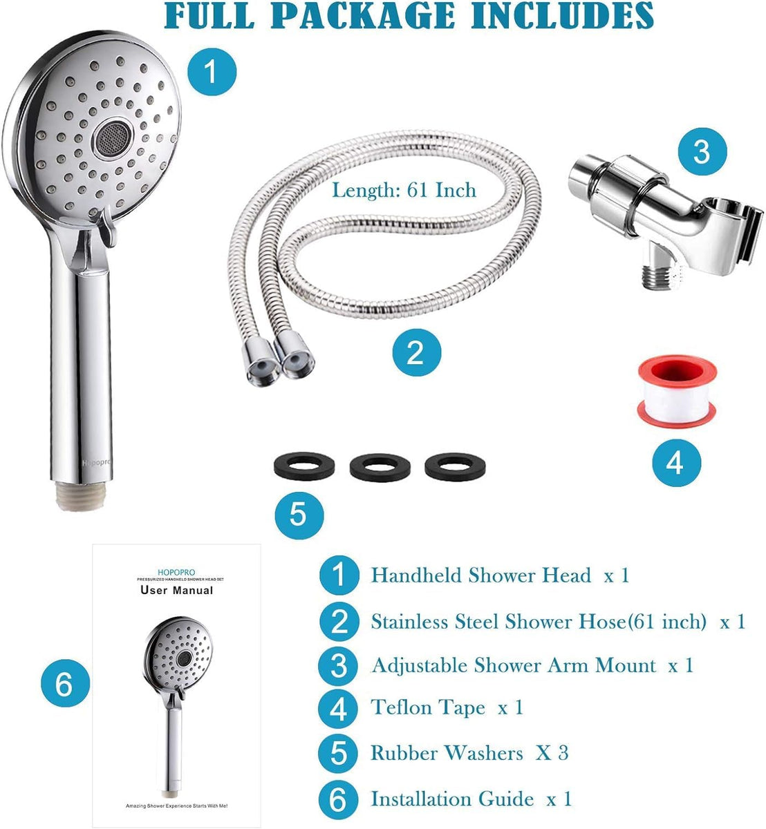 Shower Hopopro High-Pressure Handheld Shower Head Set with 59 Inch Sta